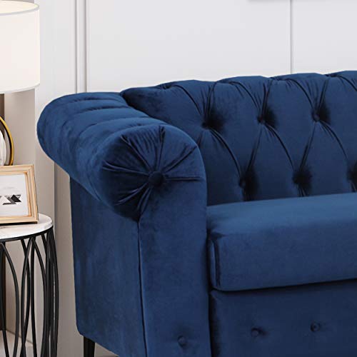 Christopher Knight Home Frieda Velvet 3 Seater Sectional Sofa with Chaise Lounge, Midnight Blue, Black