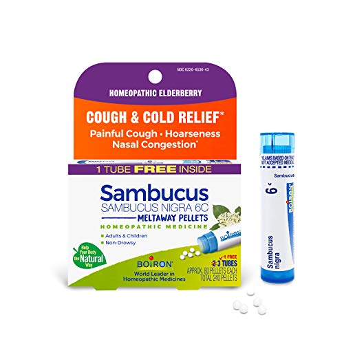 Boiron Sambucus Nigra 6C Homeopathic Elderberry Medicine for Relief of Painful Cough, Hoarsness, Nasal Congestion, and Loss of Voice - 3 Count (240 Pellets)