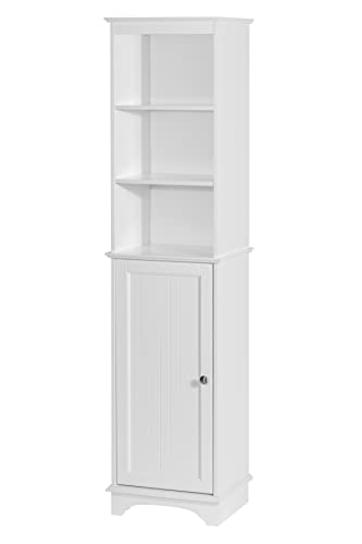 Spirich Home Freestanding Storage Cabinet with Three Tier Shelves, Tall Slim Cabinet, Free Standing Linen Tower, White