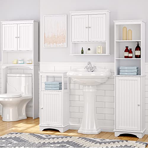 Spirich Home Freestanding Storage Cabinet with Three Tier Shelves, Tall Slim Cabinet, Free Standing Linen Tower, White