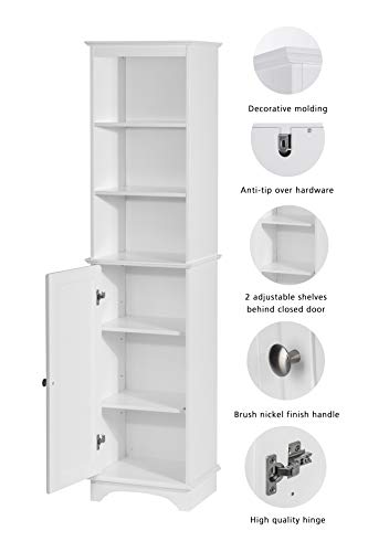 Spirich Home Freestanding Storage Cabinet with Three Tier Shelves, Tall Slim Cabinet, Free Standing Linen Tower, White