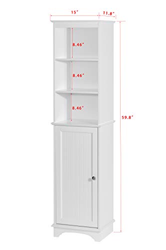 Spirich Home Freestanding Storage Cabinet with Three Tier Shelves, Tall Slim Cabinet, Free Standing Linen Tower, White