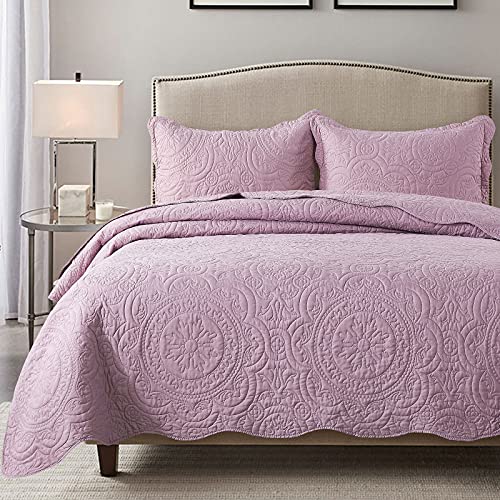 HoneiLife Bedspread Quilt Set Queen - 3 Piece Embroidered Microfiber Bedspread Reversible Coverlet Lightweight Bedcover Mandala Pattern Bedding Set All Season Quilts-Sweet Lavender, Queen Size