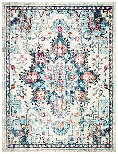 SAFAVIEH Madison Collection 8' x 10' Cream/Blue MAD473B Boho Chic Medallion Distressed Non-Shedding Living Room Bedroom Dining Home Office Area Rug