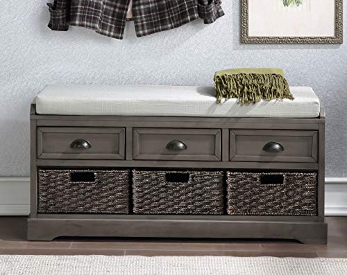 P PURLOVE Storage Bench Homes Collection Wicker Storage Bench with 3 Drawers and 3 Woven Baskets, Wood Entryway Shoe Bench for Hallway, Entryway, Mudroom and Living Room