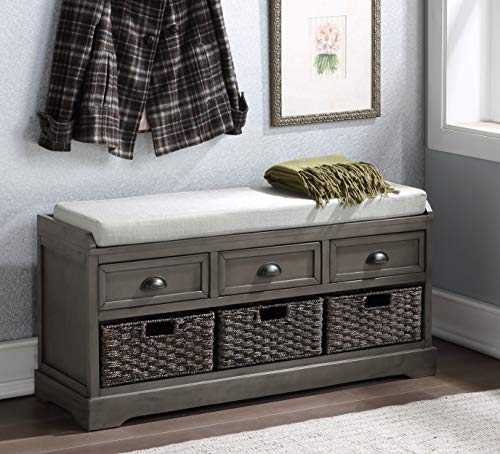 P PURLOVE Storage Bench Homes Collection Wicker Storage Bench with 3 Drawers and 3 Woven Baskets, Wood Entryway Shoe Bench for Hallway, Entryway, Mudroom and Living Room