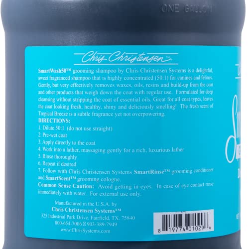 Chris Christensen SmartWash50 Tropical Breeze Ultra Concentrated Dog Shampoo, Makes up to 50 Bottles, Groom Like a Professional, Delightfully Fragranced and Concentrated, Suitable For All Coats, Made in the USA, Gallon