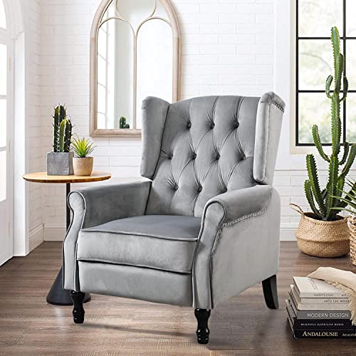 Altrobene Velvet Accent Chair, Push Back Recliner Chair, Wingback Arm Chair for Living Room/Bedroom/Home Theater/Reception Area, Grey