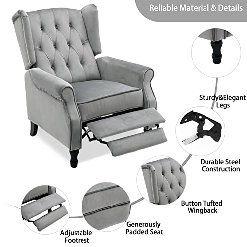 Altrobene Velvet Accent Chair, Push Back Recliner Chair, Wingback Arm Chair for Living Room/Bedroom/Home Theater/Reception Area, Grey