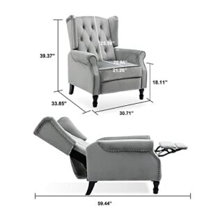 Altrobene Velvet Accent Chair, Push Back Recliner Chair, Wingback Arm Chair for Living Room/Bedroom/Home Theater/Reception Area, Grey