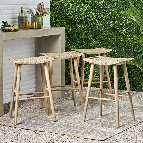 Christopher Knight Home Magwen Outdoor Acacia Wood Barstool with Wicker (Set of 4), Light Brown and Light Multi-Brown