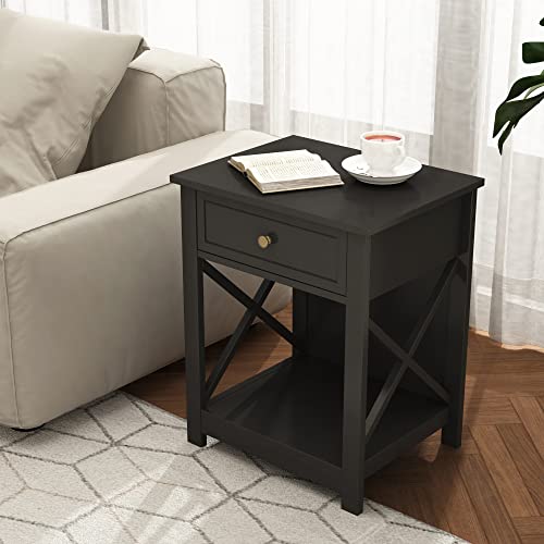 Treocho Black Nightstand X-Design, Modern Bedside Table with Drawer Storage Shelf, End Side Table for Bedroom