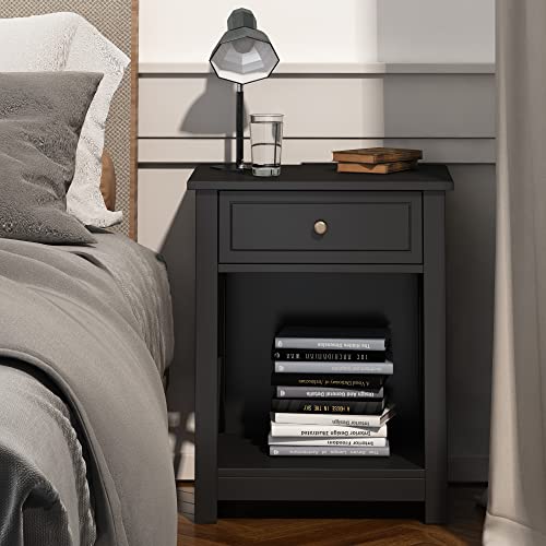 Treocho Black Nightstand X-Design, Modern Bedside Table with Drawer Storage Shelf, End Side Table for Bedroom