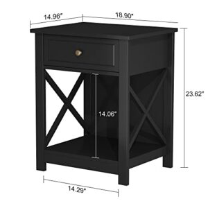 Treocho Black Nightstand X-Design, Modern Bedside Table with Drawer Storage Shelf, End Side Table for Bedroom