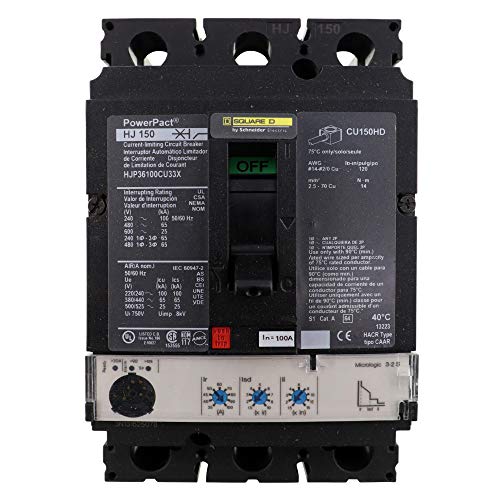 Square D HJP36100CU33X PowerPact Circuit Breaker, HJ-150, 3-Pole, 100A, 600V