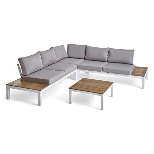 GDFStudio Leo Outdoor Aluminum and Wood V-Shaped Sofa Set with Cushions, Light Gray and White