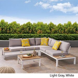 GDFStudio Leo Outdoor Aluminum and Wood V-Shaped Sofa Set with Cushions, Light Gray and White