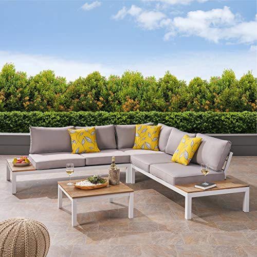 GDFStudio Leo Outdoor Aluminum and Wood V-Shaped Sofa Set with Cushions, Light Gray and White