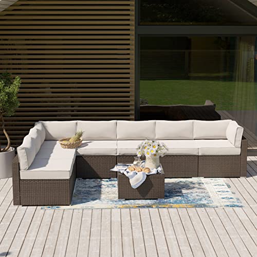 SUNBURY 8-Piece Outdoor Sectional Wicker Sofa in Off White Cushions, Brown Wicker Patio Furniture Set w Glasstop Table for Backyard Garden Porch