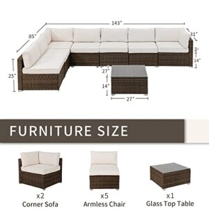 SUNBURY 8-Piece Outdoor Sectional Wicker Sofa in Off White Cushions, Brown Wicker Patio Furniture Set w Glasstop Table for Backyard Garden Porch