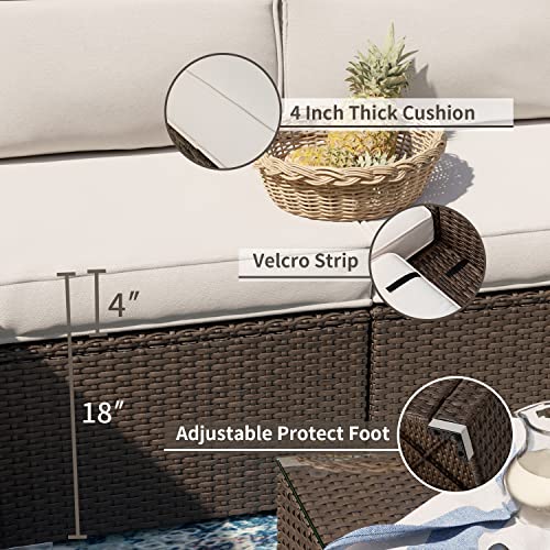 SUNBURY 8-Piece Outdoor Sectional Wicker Sofa in Off White Cushions, Brown Wicker Patio Furniture Set w Glasstop Table for Backyard Garden Porch