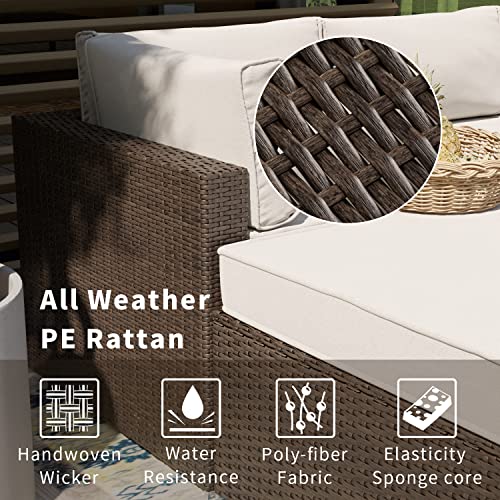 SUNBURY 8-Piece Outdoor Sectional Wicker Sofa in Off White Cushions, Brown Wicker Patio Furniture Set w Glasstop Table for Backyard Garden Porch