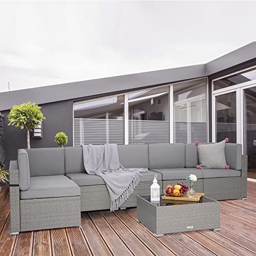 Pamapic Patio Furniture Set, 7 Pieces Modular Outdoor Sectional,Wicker Patio Sectional Sofa Conversation Set, Rattan Sofa with Coffee Table and Washable Cushions Covers, Grey Rattan(Grey Cushions)