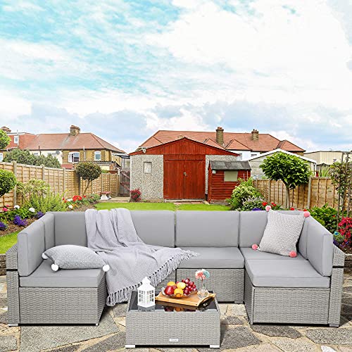 Pamapic Patio Furniture Set, 7 Pieces Modular Outdoor Sectional,Wicker Patio Sectional Sofa Conversation Set, Rattan Sofa with Coffee Table and Washable Cushions Covers, Grey Rattan(Grey Cushions)