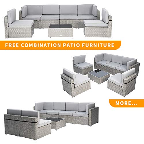 Pamapic Patio Furniture Set, 7 Pieces Modular Outdoor Sectional,Wicker Patio Sectional Sofa Conversation Set, Rattan Sofa with Coffee Table and Washable Cushions Covers, Grey Rattan(Grey Cushions)