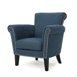 christopher knight home brice vintage scroll arm studded fabric club chair, navy blue / dark brown