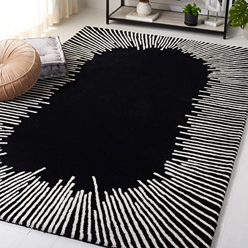 Safavieh Fifth Avenue Collection 6' x 9' Black/Ivory FTV129Z Handmade Modern Contemporary Abstract Stripe Border Wool Area Rug