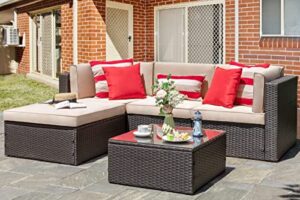 vongrasig 5 piece patio furniture sets, all-weather brown pe wicker outdoor couch sectional patio set, small patio conversation set garden patio sofa set w/ottoman, glass table, red pillow, beige