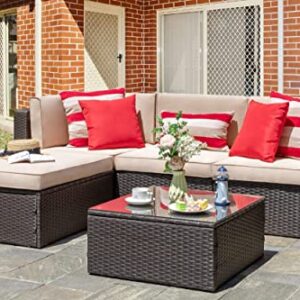 Vongrasig 5 Piece Patio Furniture Sets, All-Weather Brown PE Wicker Outdoor Couch Sectional Patio Set, Small Patio Conversation Set Garden Patio Sofa Set w/Ottoman, Glass Table, Red Pillow, Beige