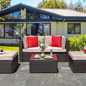 Vongrasig 5 Piece Patio Furniture Sets, All-Weather Brown PE Wicker Outdoor Couch Sectional Patio Set, Small Patio Conversation Set Garden Patio Sofa Set w/Ottoman, Glass Table, Red Pillow, Beige