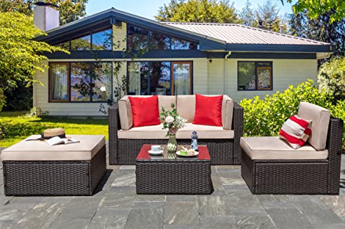 Vongrasig 5 Piece Patio Furniture Sets, All-Weather Brown PE Wicker Outdoor Couch Sectional Patio Set, Small Patio Conversation Set Garden Patio Sofa Set w/Ottoman, Glass Table, Red Pillow, Beige