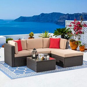 Vongrasig 5 Piece Patio Furniture Sets, All-Weather Brown PE Wicker Outdoor Couch Sectional Patio Set, Small Patio Conversation Set Garden Patio Sofa Set w/Ottoman, Glass Table, Red Pillow, Beige