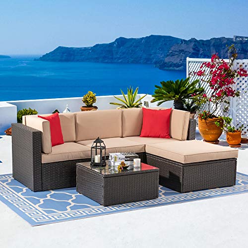 Vongrasig 5 Piece Patio Furniture Sets, All-Weather Brown PE Wicker Outdoor Couch Sectional Patio Set, Small Patio Conversation Set Garden Patio Sofa Set w/Ottoman, Glass Table, Red Pillow, Beige