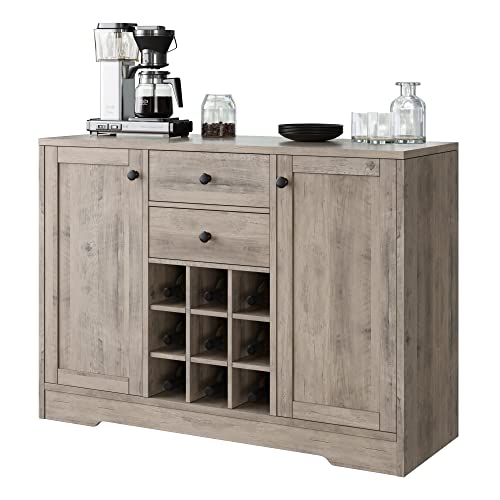 HOSTACK Coffee Bar Cabinet, Modern Farmhouse Buffet Sideboard Cabinet with Storage Drawers and Shelves, Liquor Cabinet with Removable Wine Rack for Kitchen, Dining Room, Living Room, Ash Grey