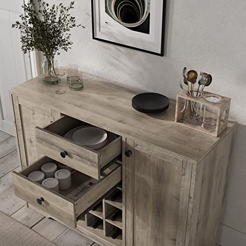 HOSTACK Coffee Bar Cabinet, Modern Farmhouse Buffet Sideboard Cabinet with Storage Drawers and Shelves, Liquor Cabinet with Removable Wine Rack for Kitchen, Dining Room, Living Room, Ash Grey