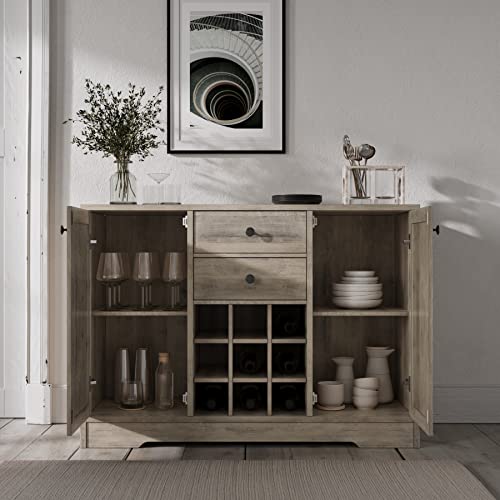 HOSTACK Coffee Bar Cabinet, Modern Farmhouse Buffet Sideboard Cabinet with Storage Drawers and Shelves, Liquor Cabinet with Removable Wine Rack for Kitchen, Dining Room, Living Room, Ash Grey