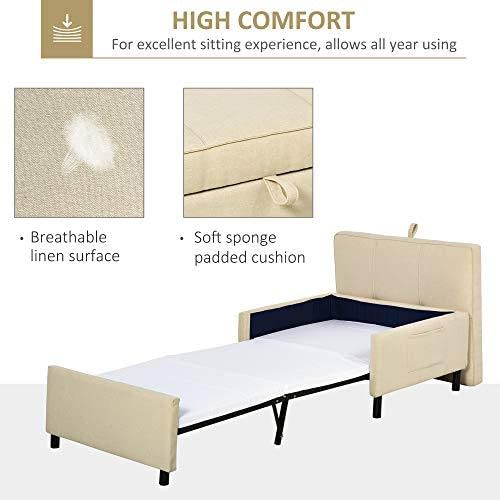 HOMCOM 2-in-1 Design Convertible Single Sofa Bed with Side Pocket and Metal Frame Couch for Living Room, Beige