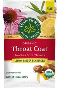 traditional medicinals throat coat organic pectin throat drops, lemon ginger echinacea, soothes sore throats, 16ct.