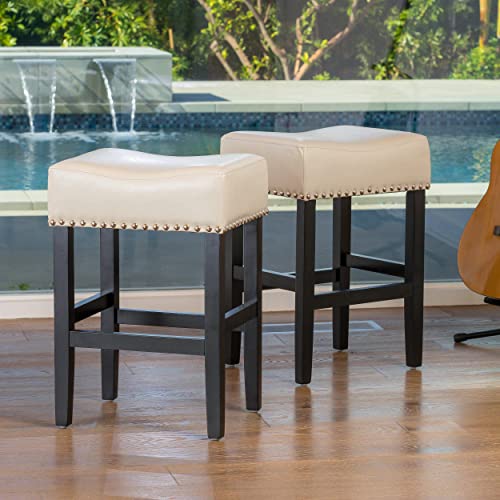 Christopher Knight Home Lisette Backless Leather Counter Stools, 2-Pcs Set, Ivory