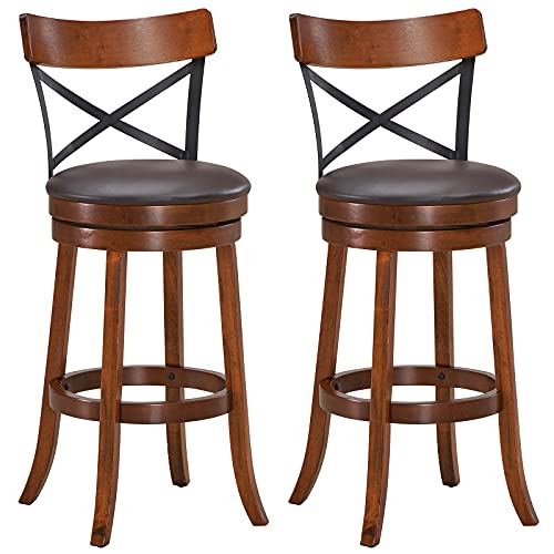 COSTWAY Bar Stool Set of 2, 360-Degree Swivel Solid Wood Stools with Soft Cushion & Backrest, 29.5”Height Kitchen Counter Bar Stools for Kitchen Island, Pub, and Restaurant (2, 29in)