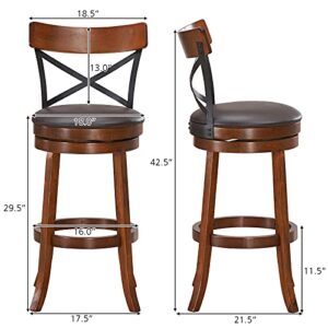 COSTWAY Bar Stool Set of 2, 360-Degree Swivel Solid Wood Stools with Soft Cushion & Backrest, 29.5”Height Kitchen Counter Bar Stools for Kitchen Island, Pub, and Restaurant (2, 29in)