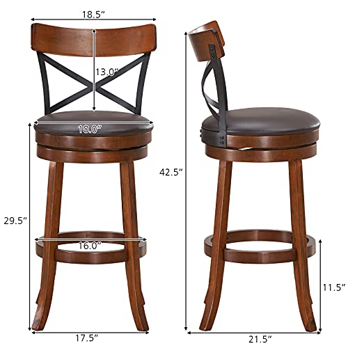 COSTWAY Bar Stool Set of 2, 360-Degree Swivel Solid Wood Stools with Soft Cushion & Backrest, 29.5”Height Kitchen Counter Bar Stools for Kitchen Island, Pub, and Restaurant (2, 29in)