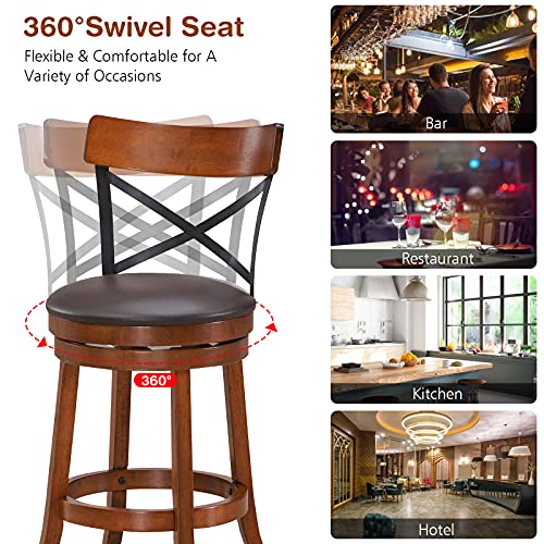 COSTWAY Bar Stool Set of 2, 360-Degree Swivel Solid Wood Stools with Soft Cushion & Backrest, 29.5”Height Kitchen Counter Bar Stools for Kitchen Island, Pub, and Restaurant (2, 29in)