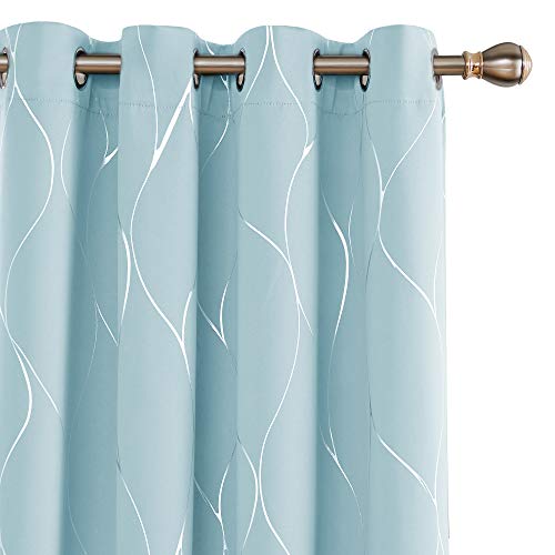 Deconovo 84 Inch Long Blackout Curtains, Silver Wave Foil Print Grommet Room Darkening Curtain, Noise Reducing Window Draperies for Living Room (52" W x 84" L, 1 Pair, Sky Blue)