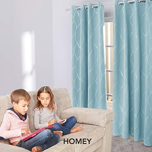 Deconovo 84 Inch Long Blackout Curtains, Silver Wave Foil Print Grommet Room Darkening Curtain, Noise Reducing Window Draperies for Living Room (52" W x 84" L, 1 Pair, Sky Blue)