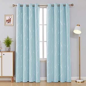 Deconovo 84 Inch Long Blackout Curtains, Silver Wave Foil Print Grommet Room Darkening Curtain, Noise Reducing Window Draperies for Living Room (52" W x 84" L, 1 Pair, Sky Blue)